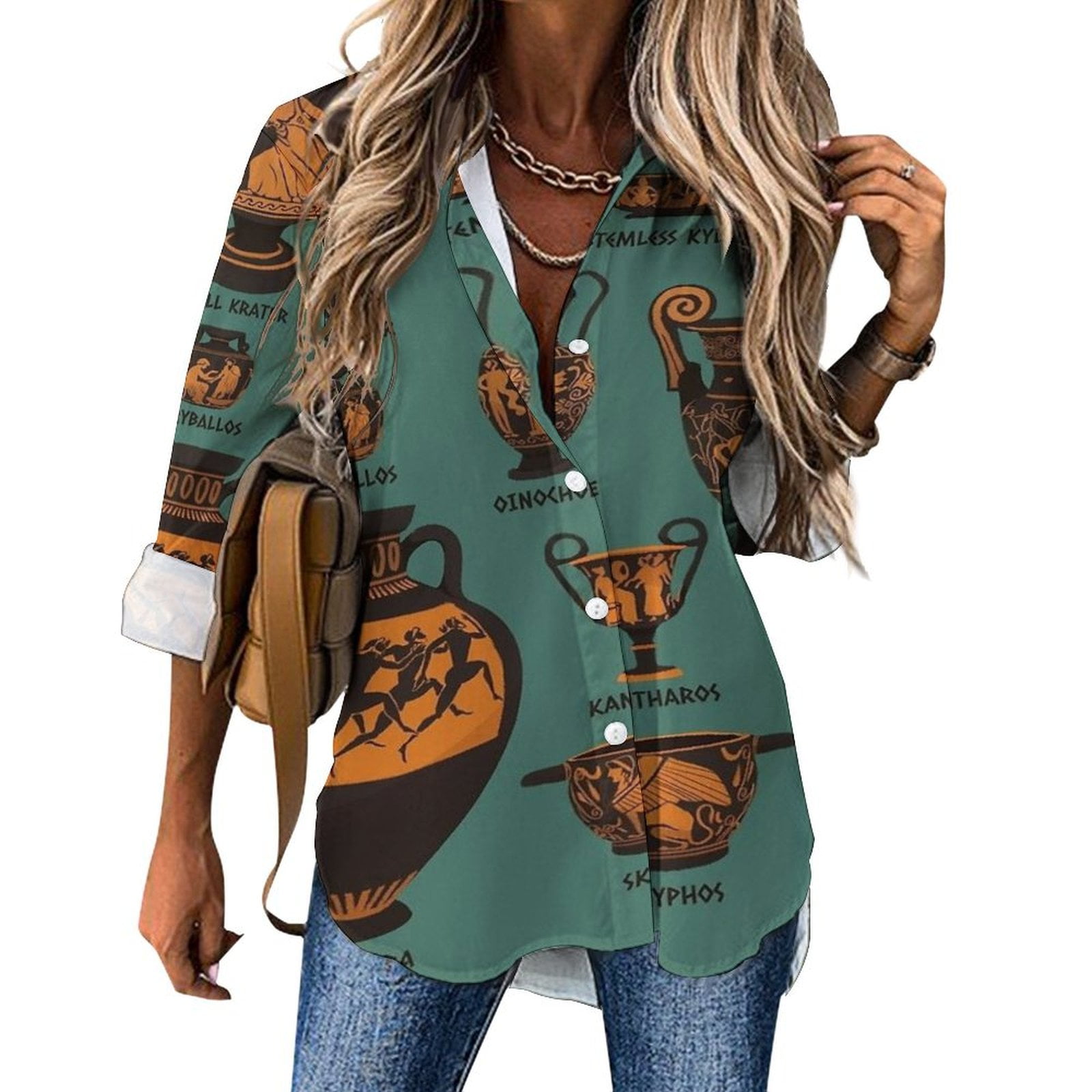 Ancient Greek Pottery Women's Button Down Long Sleeve Shirts Irregular ...