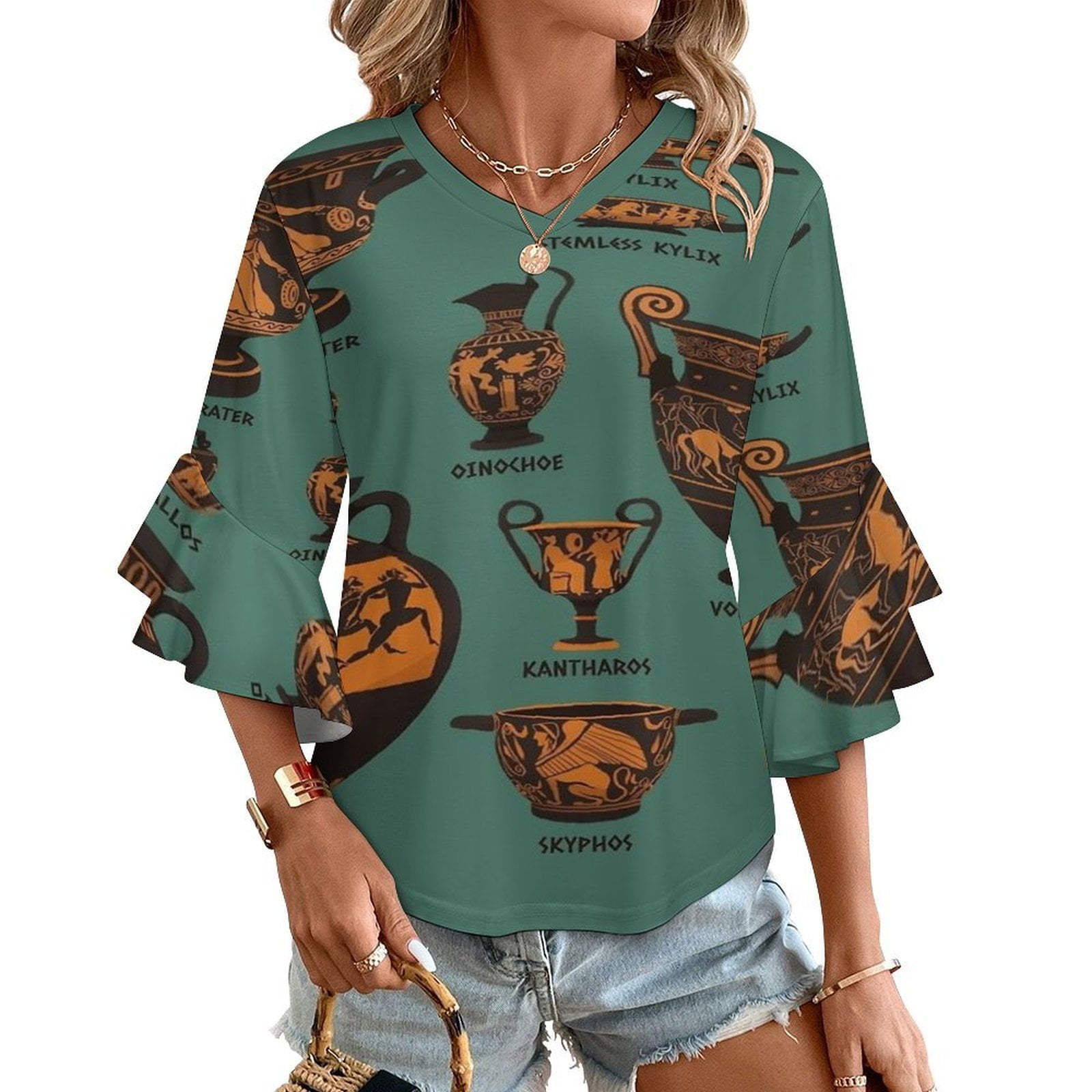 Ancient Greek Pottery Women's V-Neck Blouse With 3/4 Ruffled Bell ...
