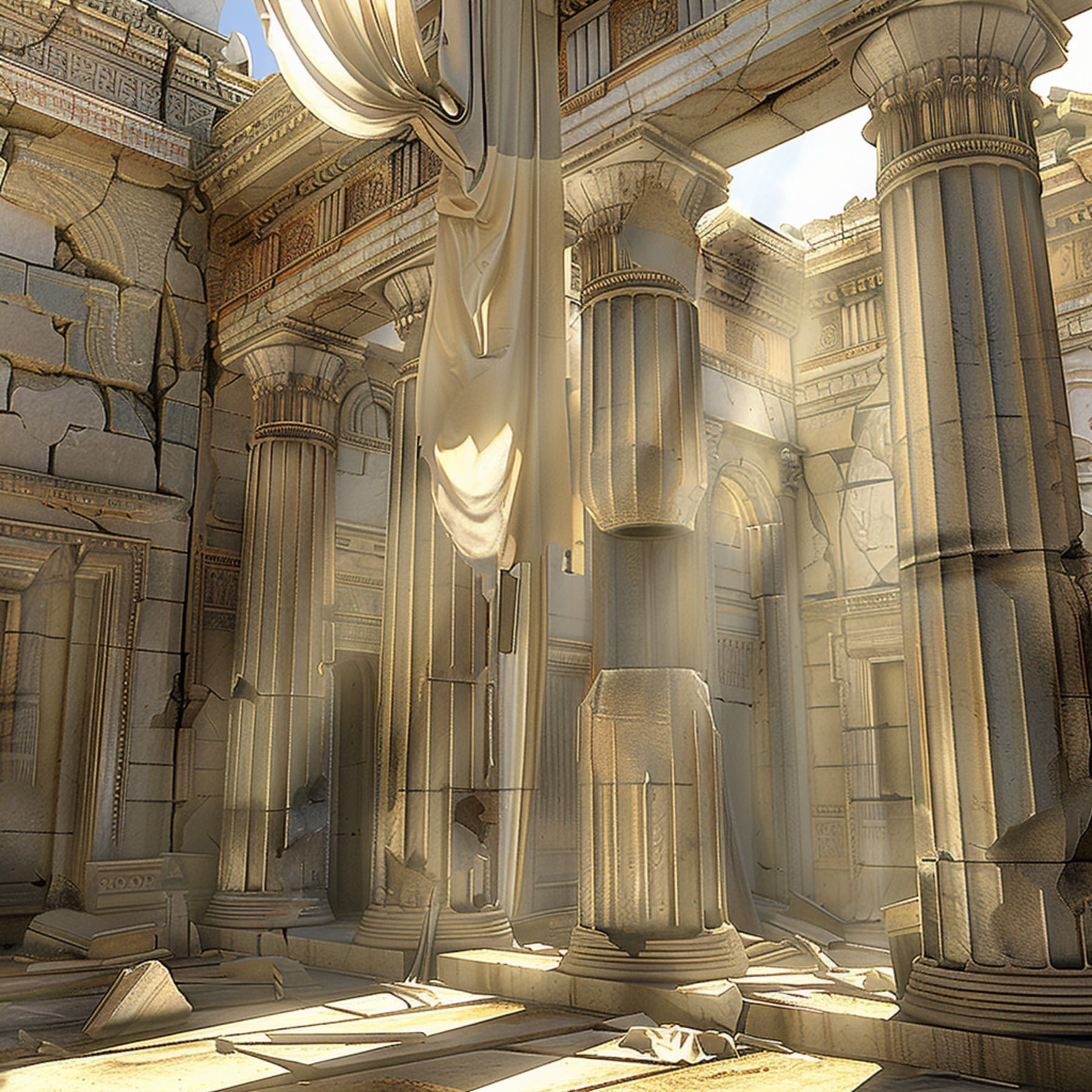 Ancient Greek Temple Scene with Pillars Arches Carved Decorations Sun ...