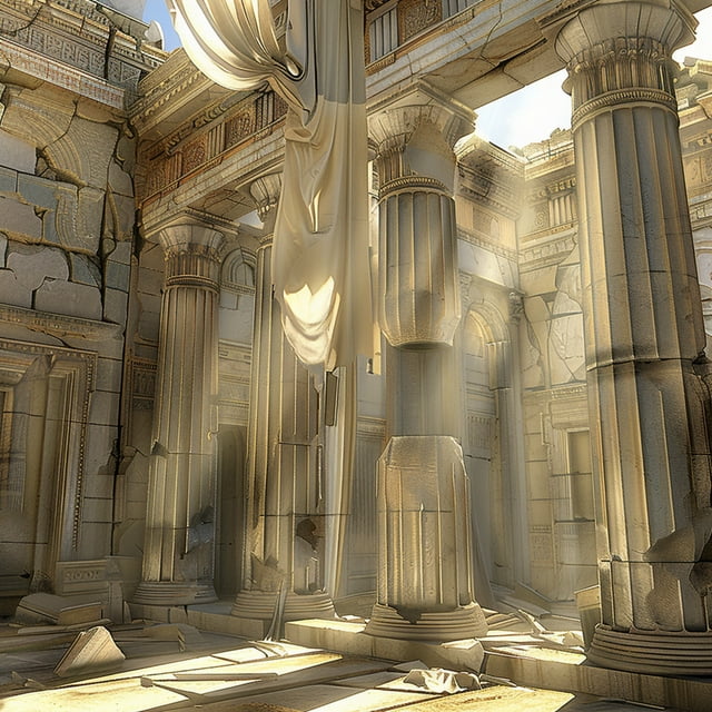 Ancient Greek Temple Scene with Pillars Arches Carved Decorations Sun ...