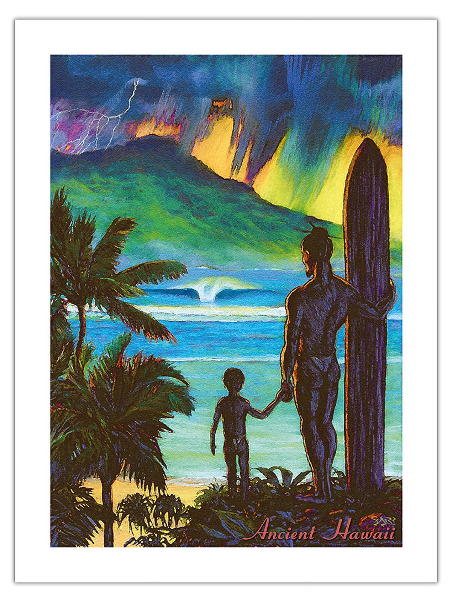 Ancient Hawaii - Hawaiian Surfer with Keiki Son - Vintage Hawaiian ...