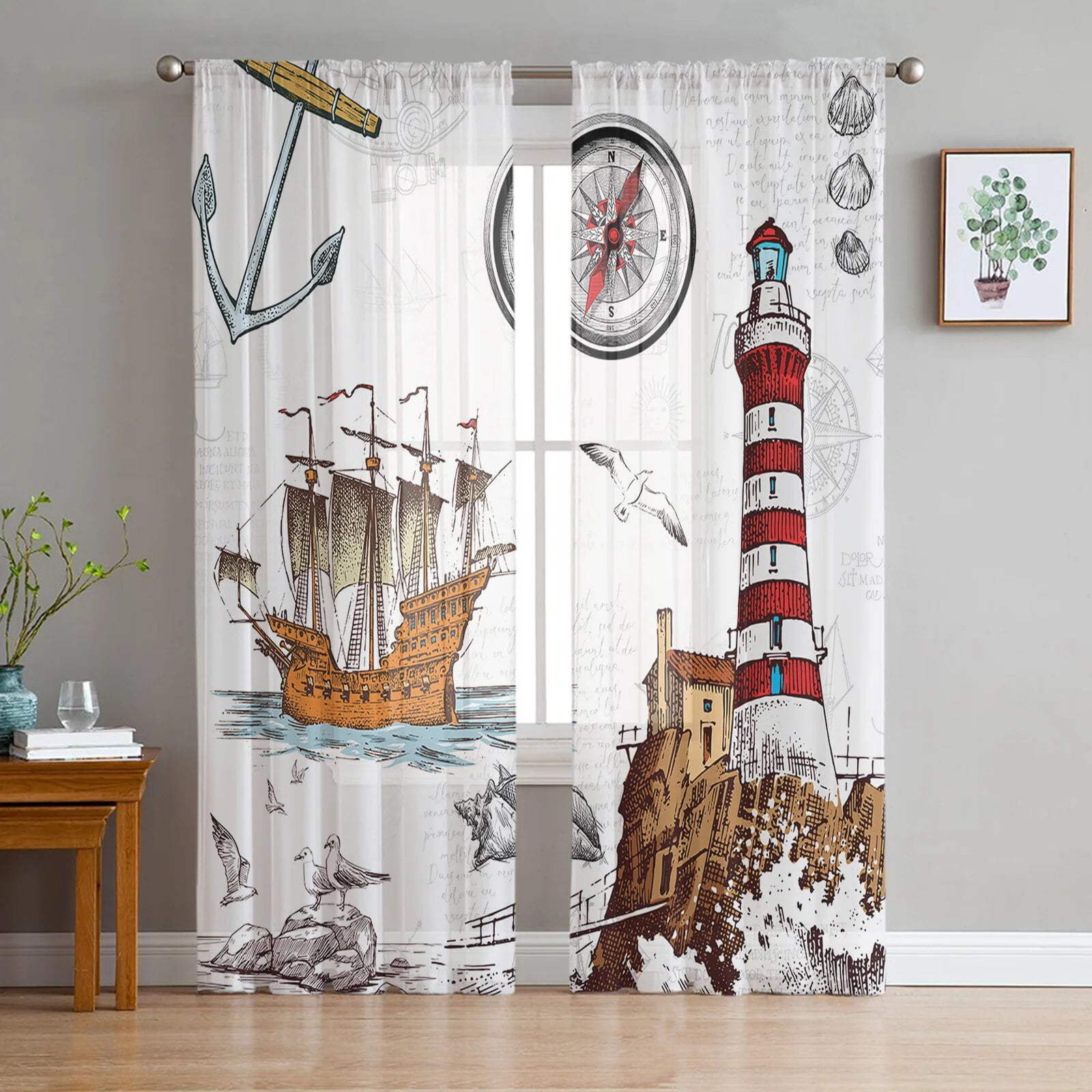 Ancient Lighthouse Sailing Ship Chiffon Sheer Curtains for Living Room ...