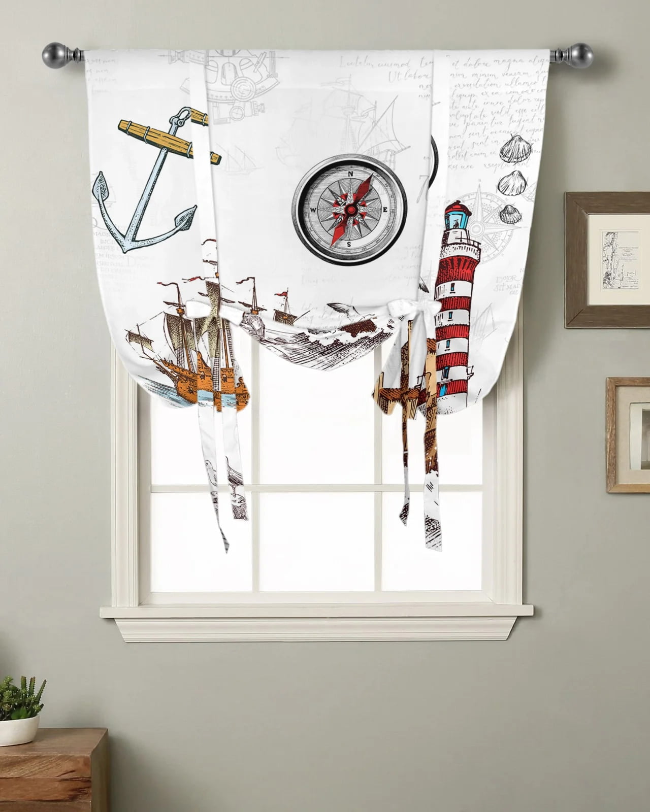 Ancient Lighthouse Sailing Ship Kitchen Short Window Curtain Rod Pocket ...