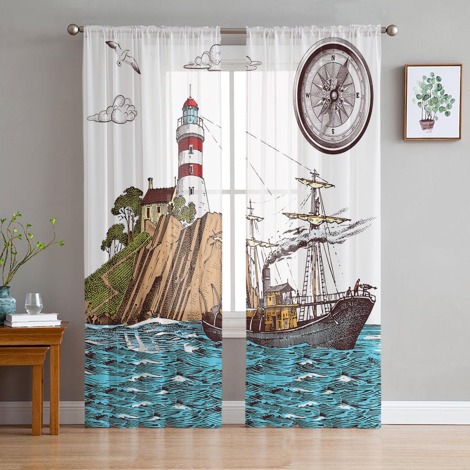 Ancient Lighthouse Sailing Ship Line Tulle Curtains ration Modern ...