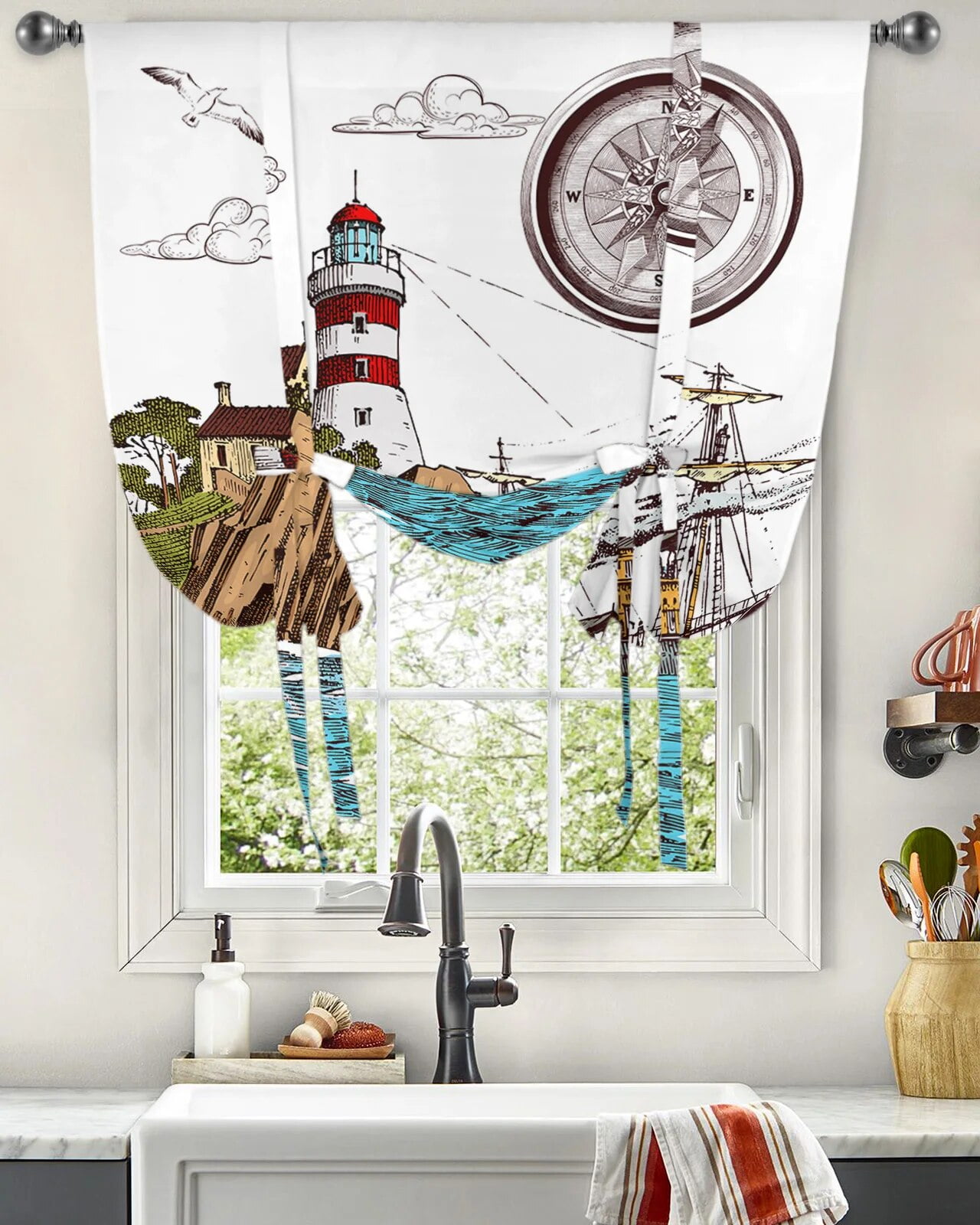Ancient Lighthouse Sailing Ship Line Window Curtain for Living Room ...