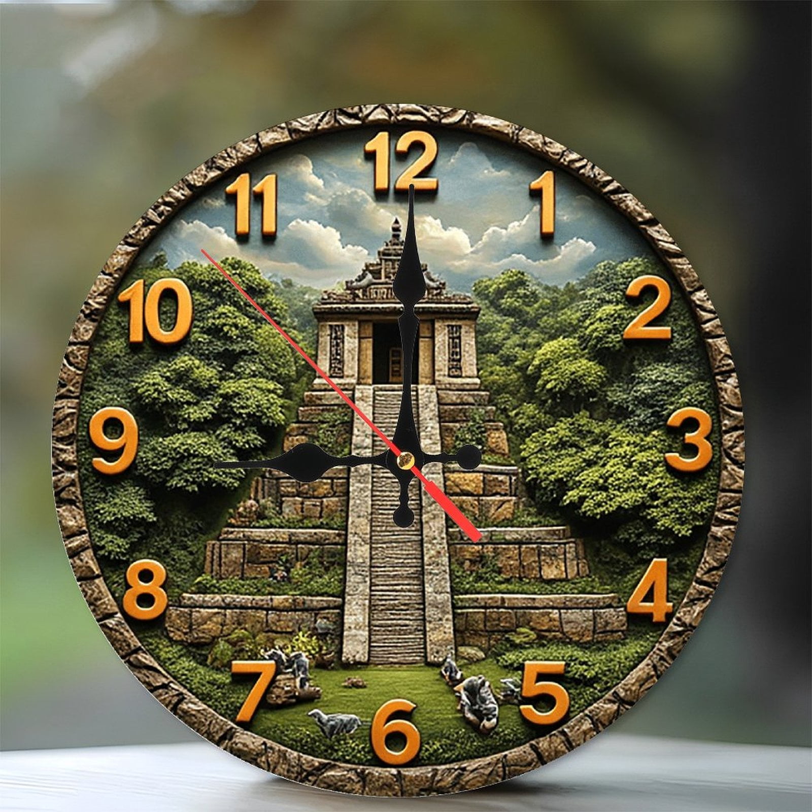 Ancient Mayan Temple Pyramid Clock Wall Decor 10-Inch Silent Wooden ...