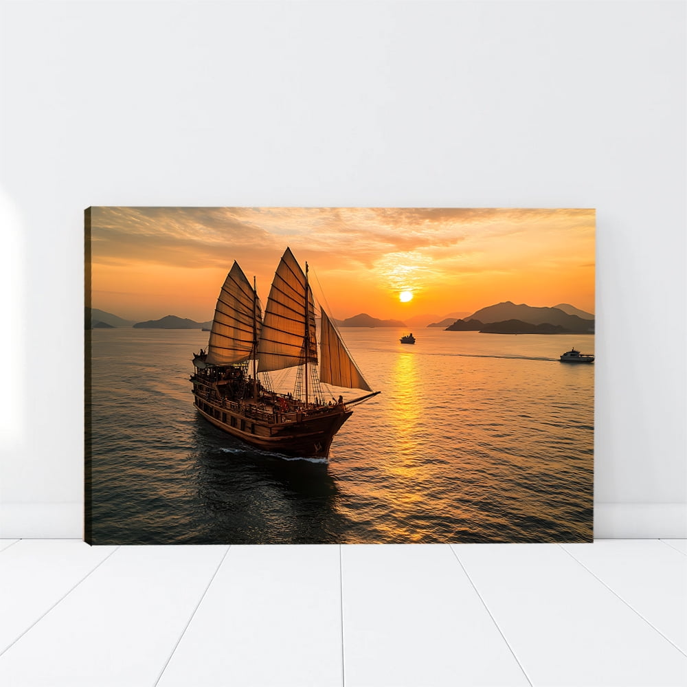 Ancient Merchant Ship Sailing on The High Seas At Sunset, Full of A ...