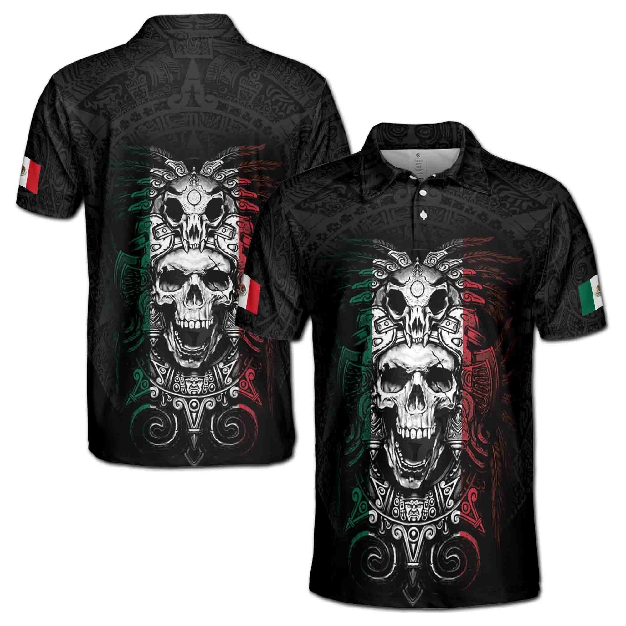 Ancient Mexico Skull Aztec Tattoo Tribal Pattern Grunge Men's Polo ...