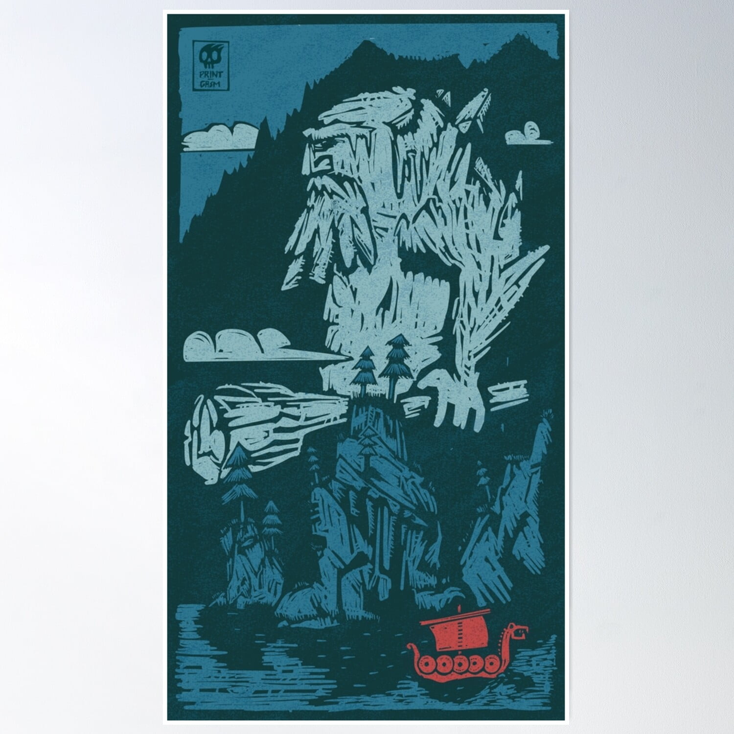 Ancient Mountain Giant Linocut Print – Mythical Viking Artwork Poster ...