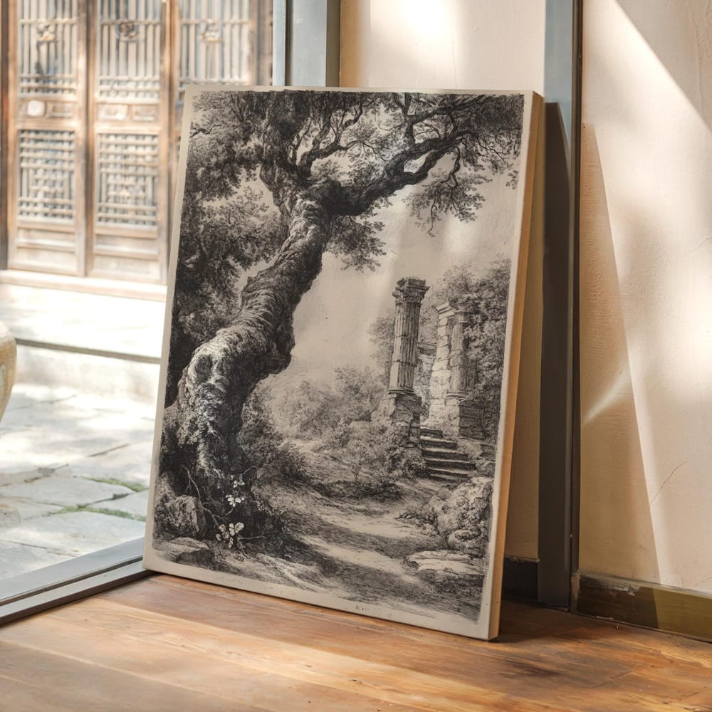 Ancient Ruins Landscape Art Vintage Etching Style Wall Decor Old Tree ...
