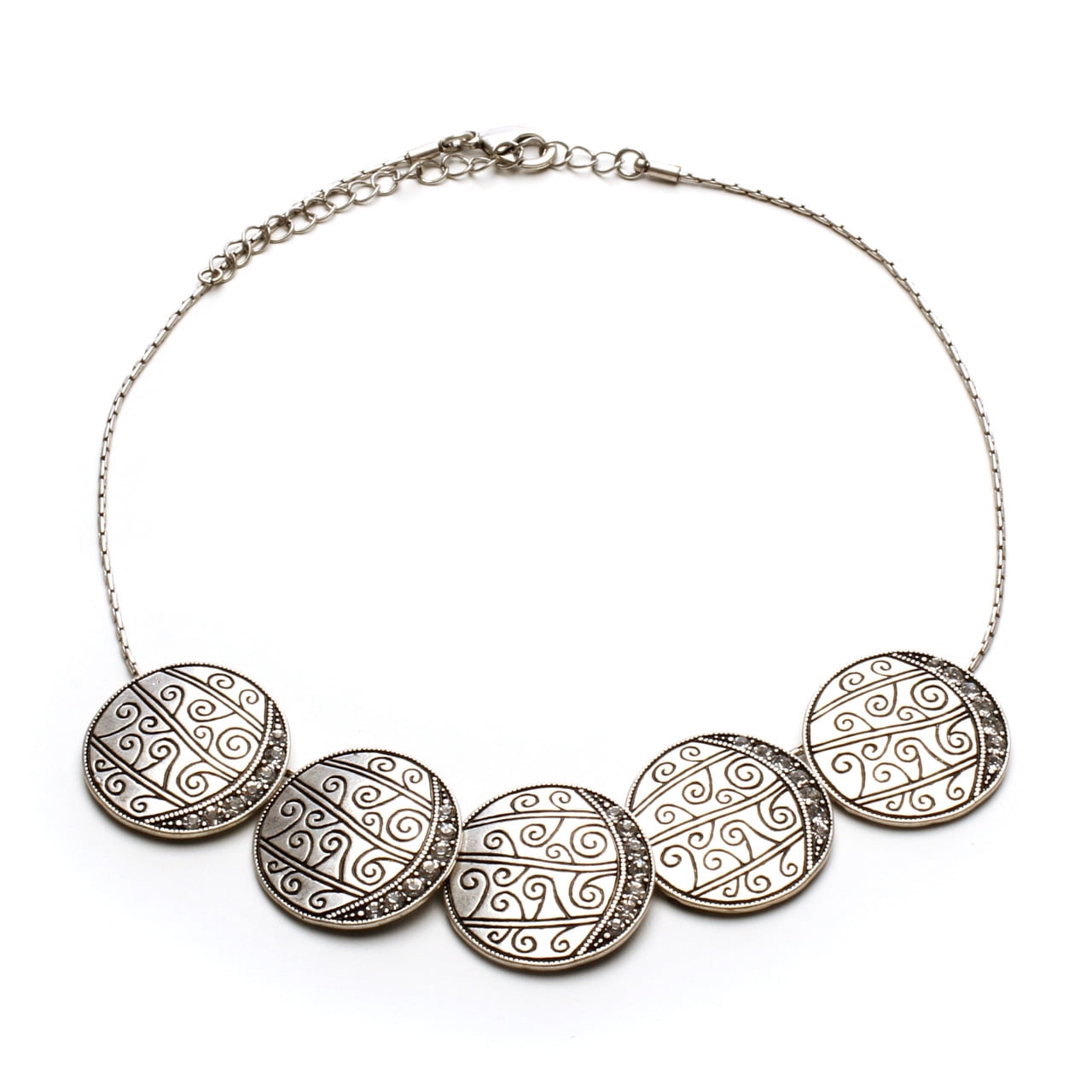 Mystical Silver Tone Crystal Disc Statement Necklace with Ancient Rune Design Jewelry Necklace ...