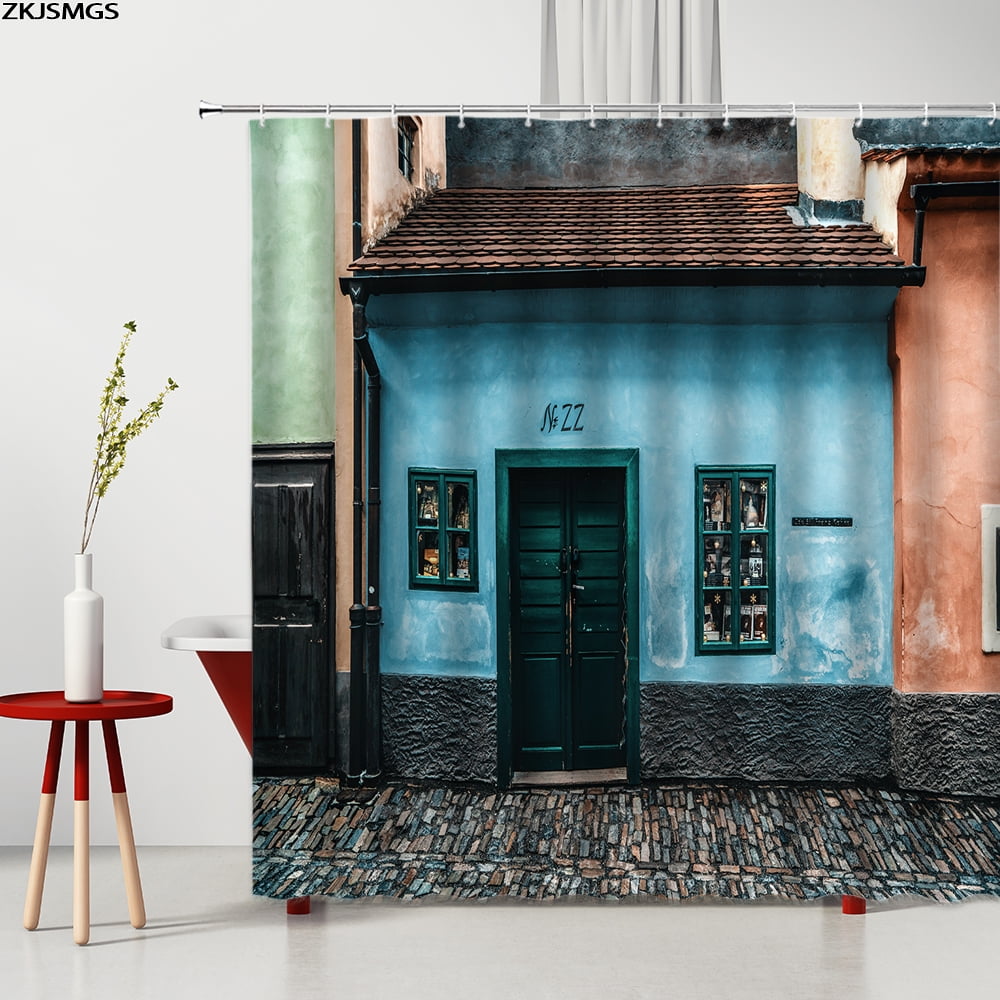 Ancient Rural St Wall Shower Curtains Retro Wooden House Building Door ...
