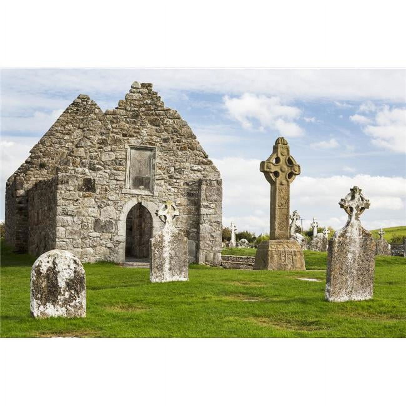 Ancient Stone Roofless Church with Celtic Crosses in A Grassy Field ...