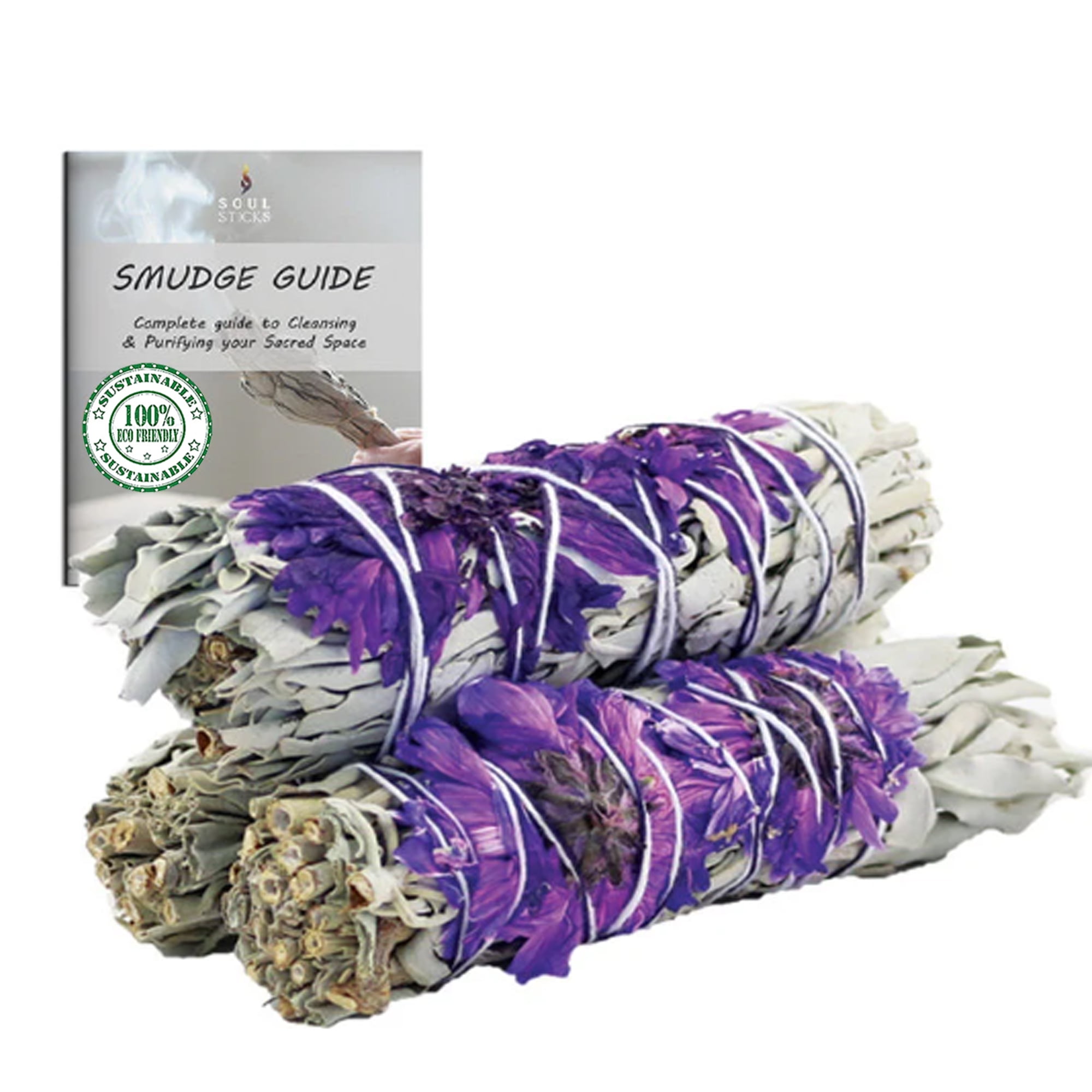 Ancient Veda 3 Pack of White Sage & Purple Daisies Smudge Sticks with ...