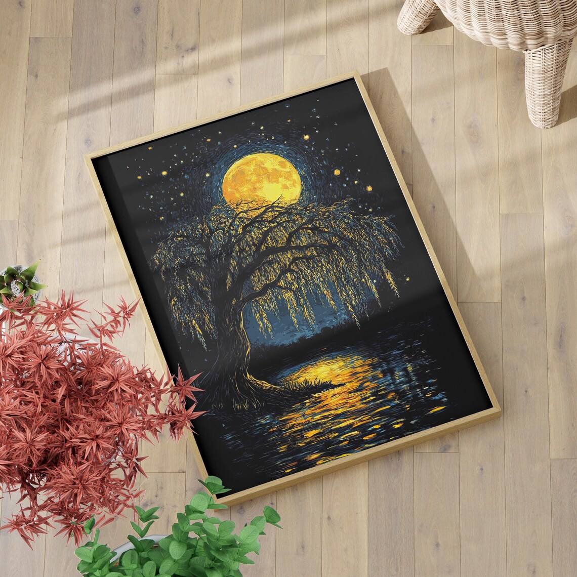 Ancient Willow Tree Under Golden Moon Wall Art Poster Or Print, Starry ...