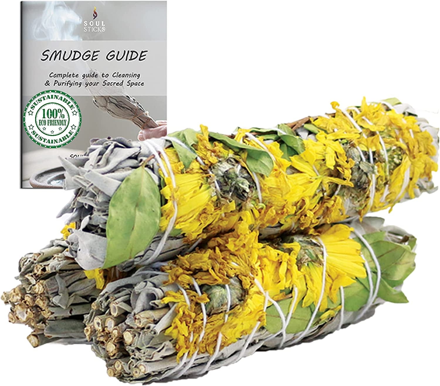 AncientVeda 3 Pack Floral White Sage Smudge Sticks with Smudging Guide ...