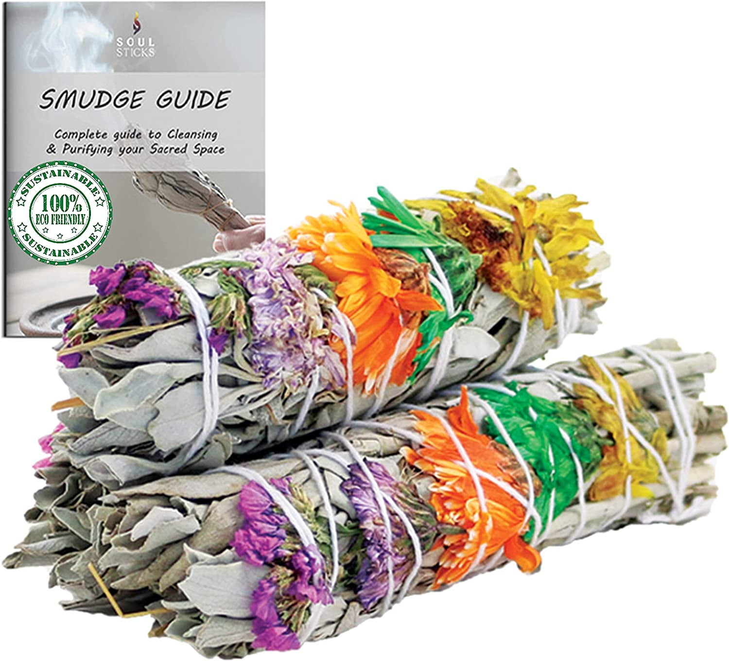 AncientVeda White Sage with Colorful Flowers Pack of 3 Bundles & Smudge ...