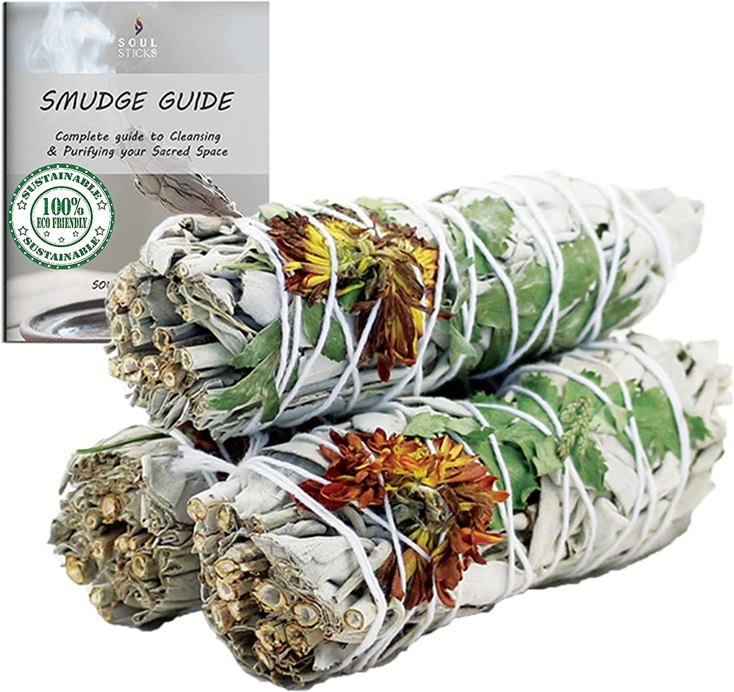 AncientVeda White Sage with Flowers Pack of 3 Smudge Bundles & Smudging ...