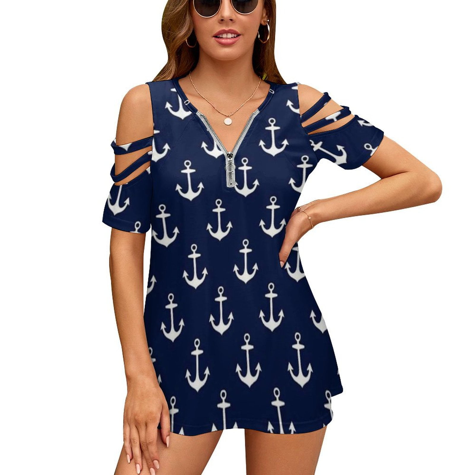 Anclas / Anchors Women Short Sleeve Tops O-Neck Hollow Out Shoulder ...
