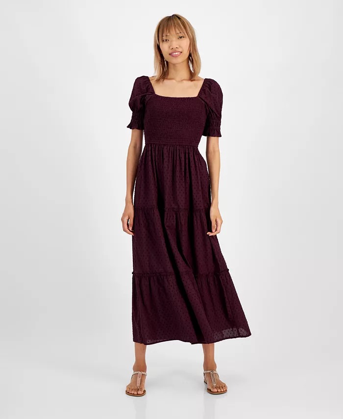 And Now This DEEP MERLOT Women's Smocked Puff-Sleeve Maxi Dress, US ...