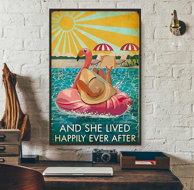 And She Lived Happily Ever After Flamingo Swimming Poster Home Decor ...