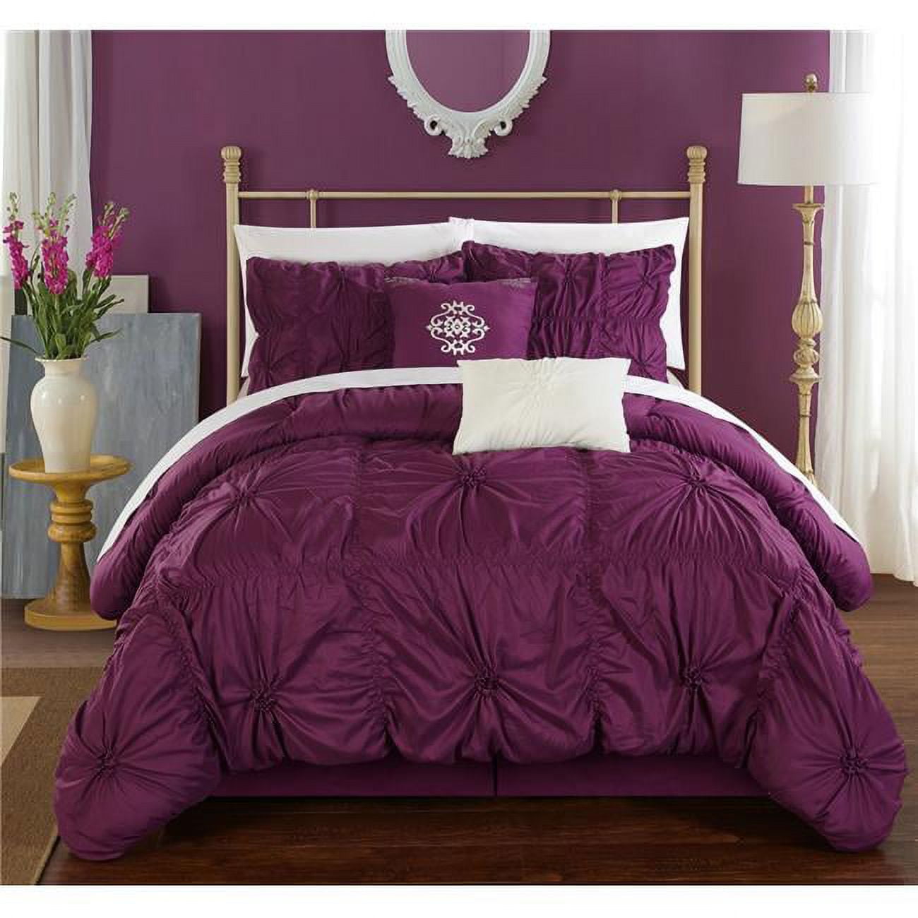 Anda Floral Pinch Pleat Ruffled Designer Embellished Comforter Set with ...