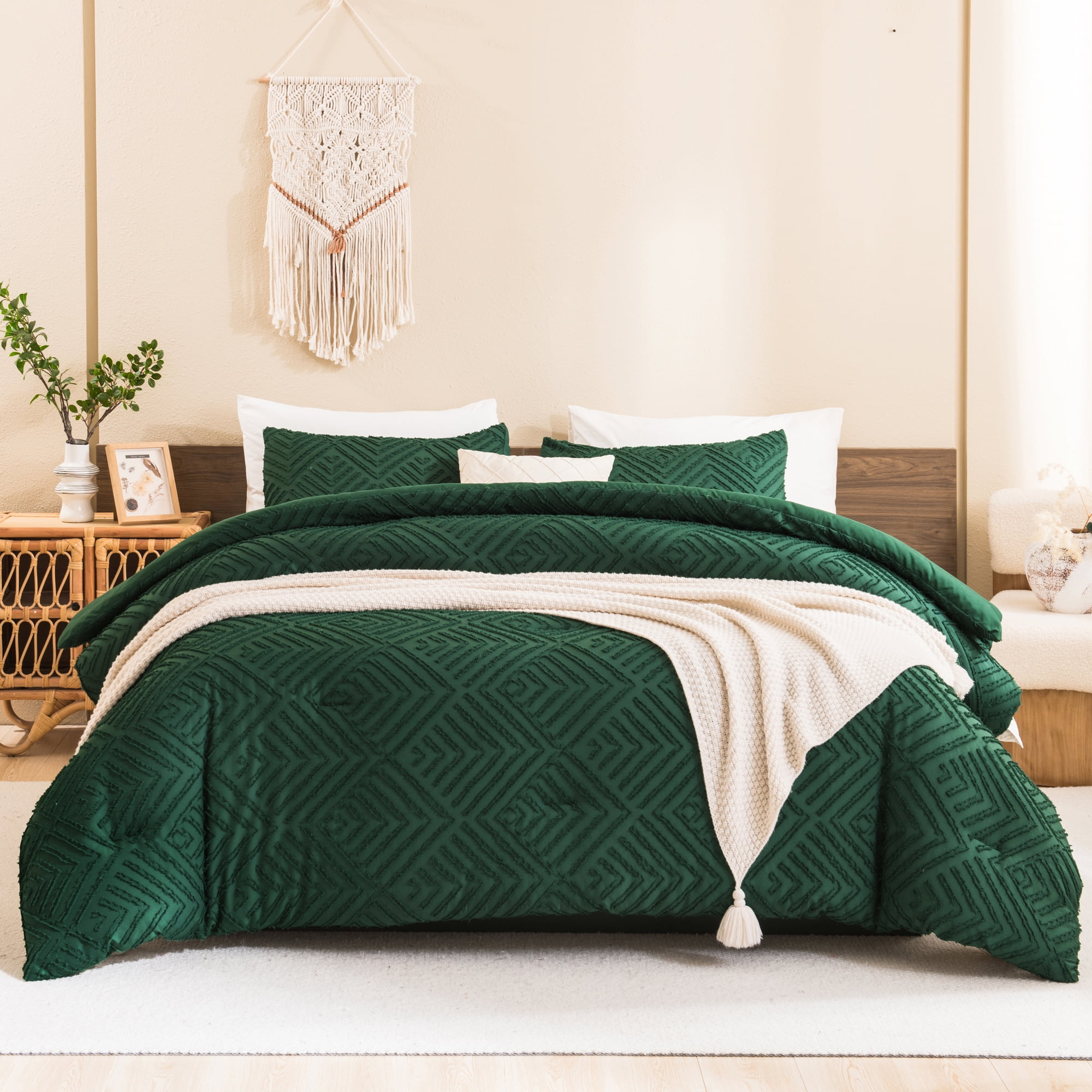 ANGENIA Queen Comforter Set Dark Green , 3 Pieces Soft Fluffy Boho ...