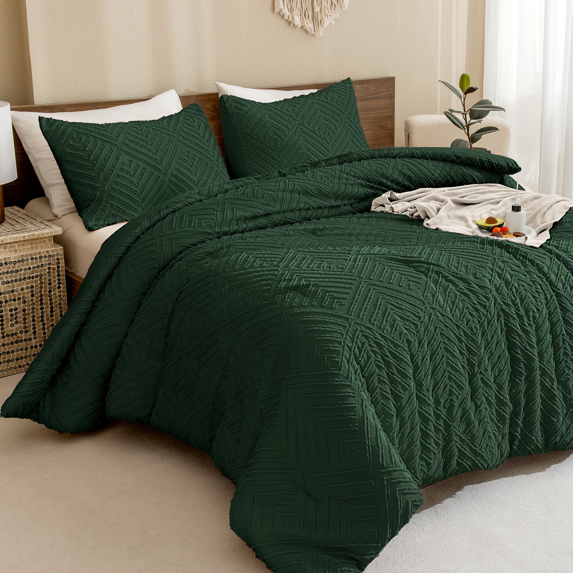 ANGENIA Queen Comforter Set Dark Green , 3 Pieces Soft Fluffy Boho ...