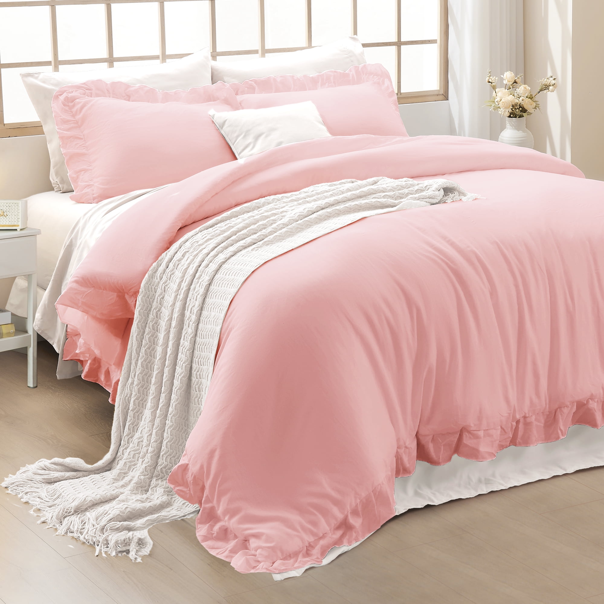ANGENIA Pink Full Size Comforter Set, 3 Pieces Solid Farmhouse Ruffle ...