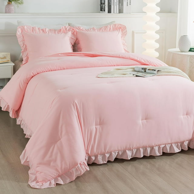 Andency Full Size Ruffled Comforter Set Pink 3 Pieces Soft Lightweight