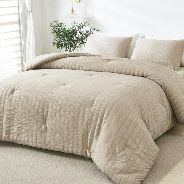 Andency King Size Comforter Set Khaki, 3 Pieces Seersucker Textured ...