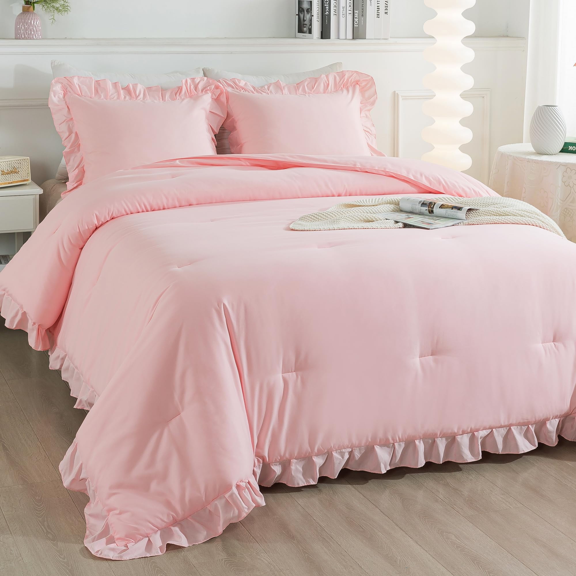 Andency Pink Ruffle Comforter Set King Size, 3 Pieces All Season Solid ...
