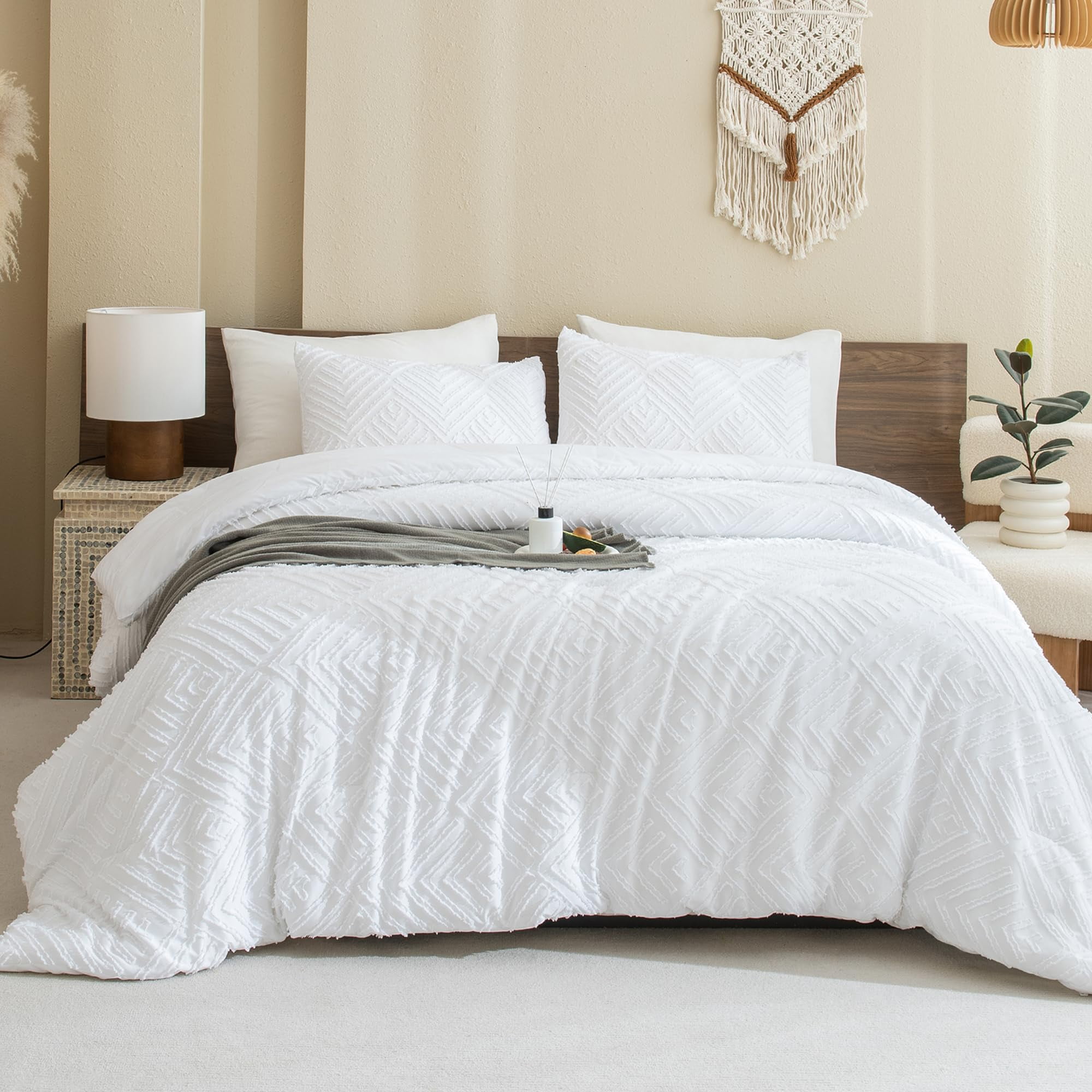 Andency White Comforter Set Queen Size, 3 Pieces Boho Farmhouse Bedding ...