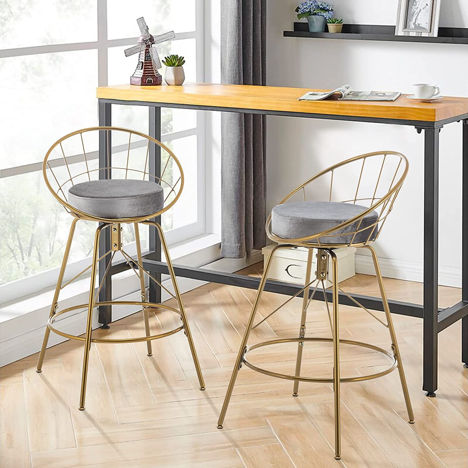 Andeworld 26 Inch Swivel Bar Stools Set of 2 with Backs Gold Bar Stools with Gold Legs Comfortable 360 Swivel bar stools with Gray Velvet Upholstered Seat Metal Counter Height Bar Stools Walmart