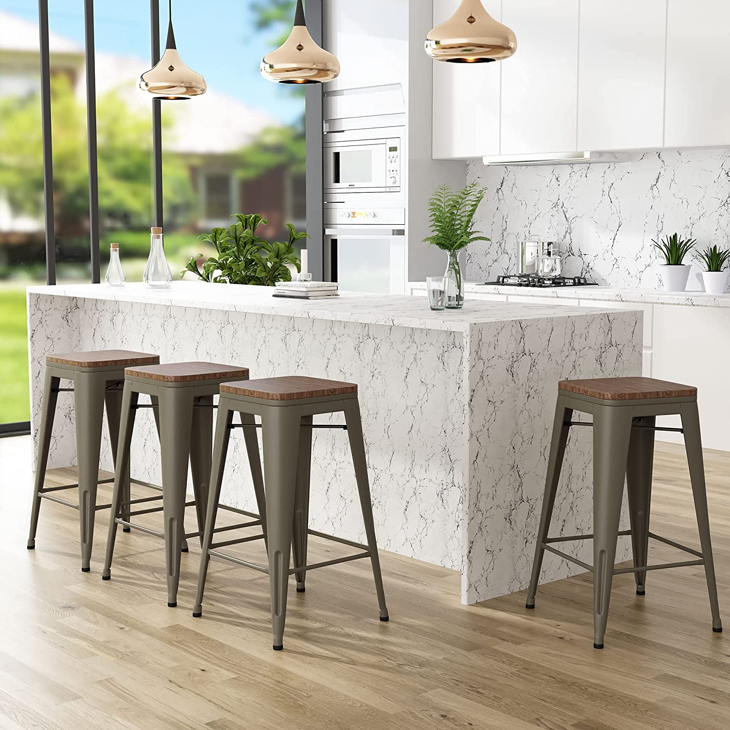 Andeworld Bar Stools Set of 4 Stackable Metal Bar Stools Counter Height ...