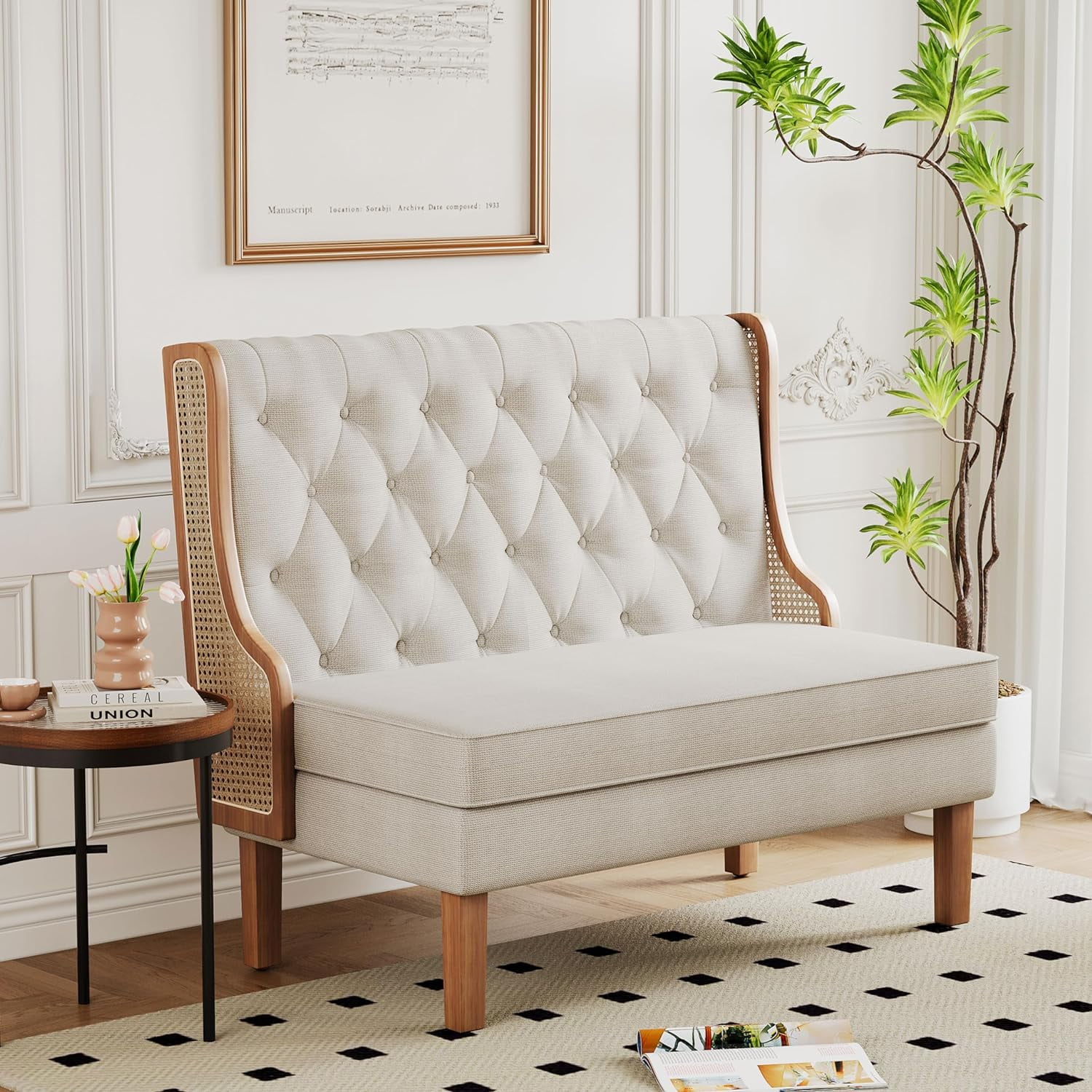 Andeworld Loveseat Settee Bench with Natural Rattan Arms,Upholstered ...