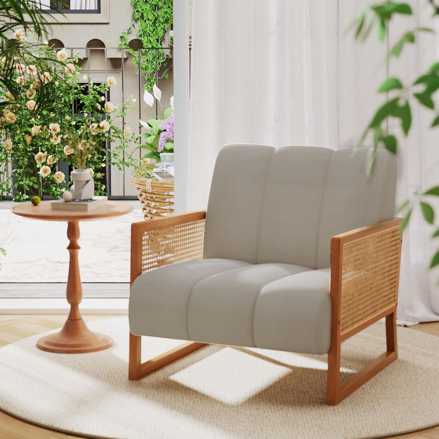 Andeworld Rattan Accent Chairs, Upholstered Natural Rattan Chair Mid ...