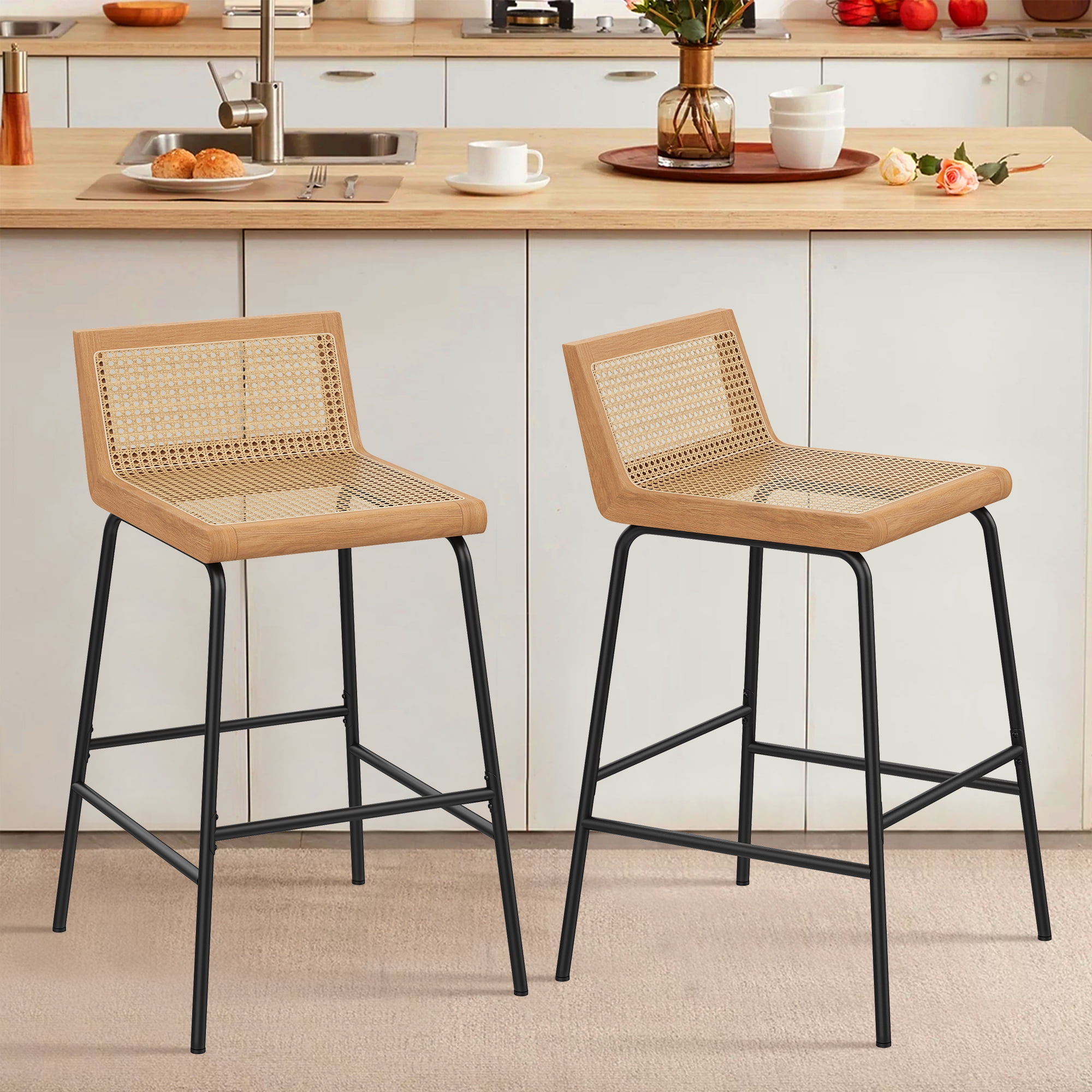 Andeworld Rattan Counter Height Bar Stools Set of 2,Mid-Century Counter ...