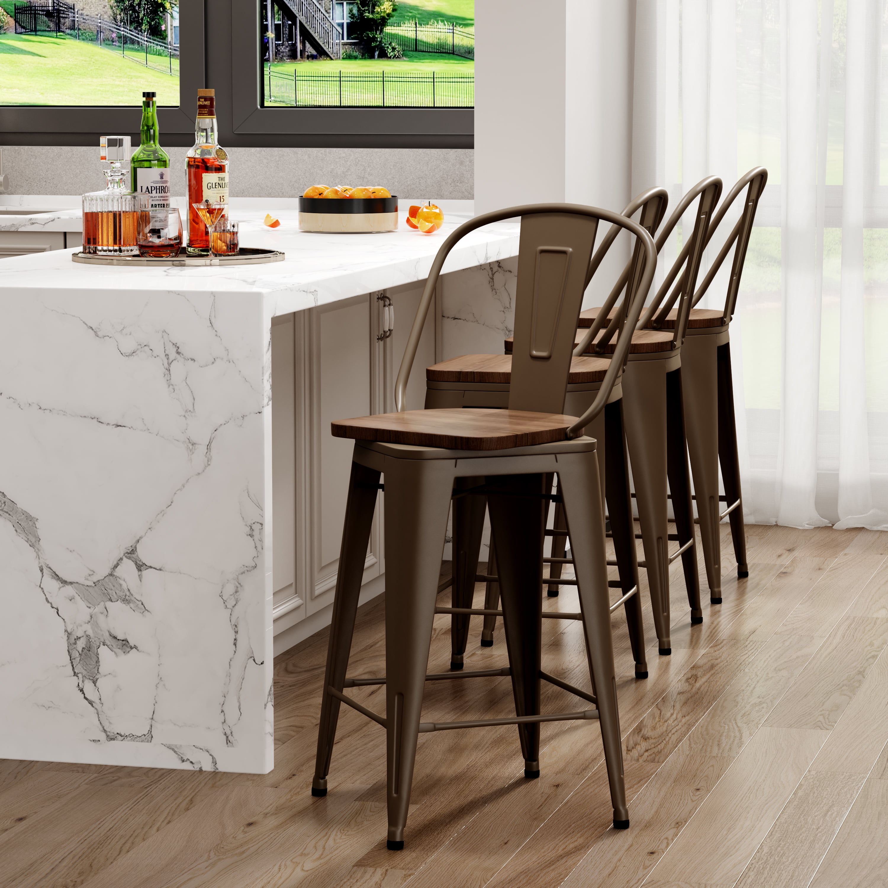 Andeworld Set of 4, Swivel Metal Bar Stools, 24 Inches High Back ...