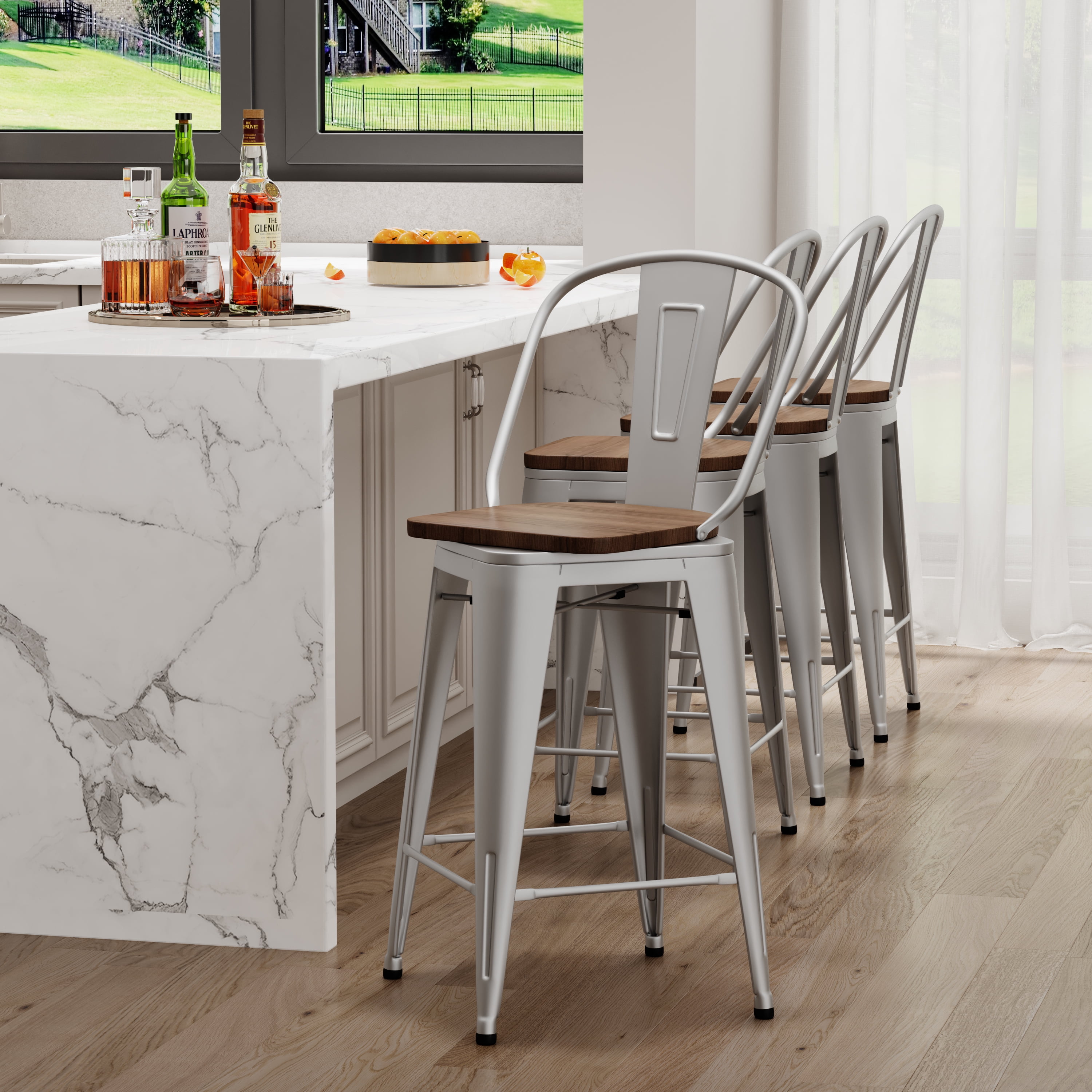 Andeworld Set of 4 Vintage Swivel Bar Stools - 26 Inches Silver Metal ...