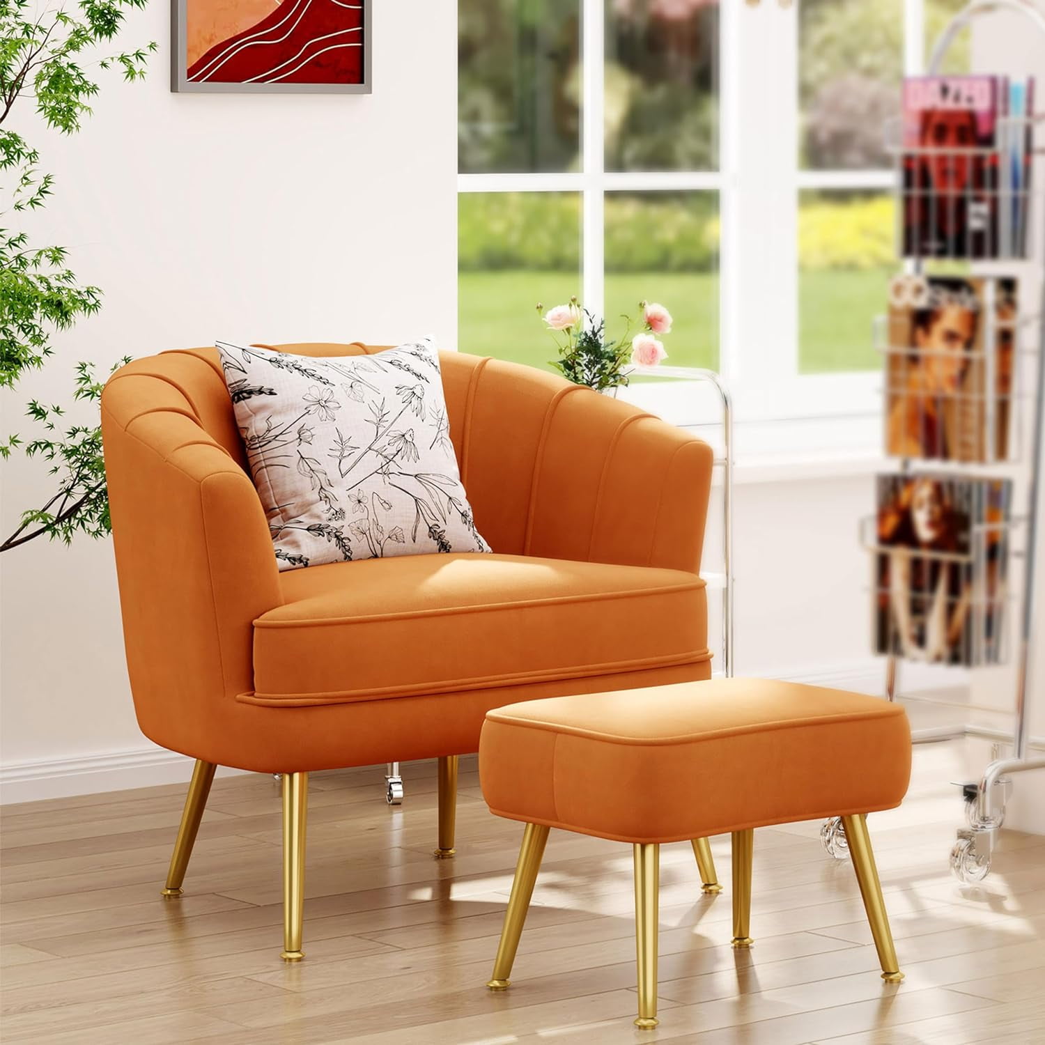 Andeworld Velvet Accent Chair with Ottoman,Upholstered Modern Single ...