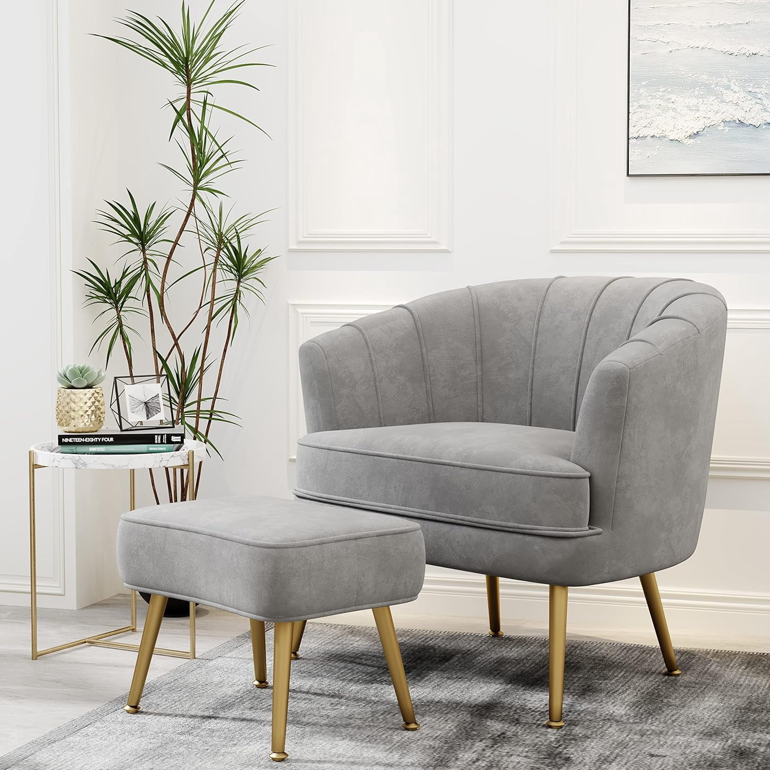 Andeworld Velvet Accent Chair with Ottoman, Upholstered Modern Single ...