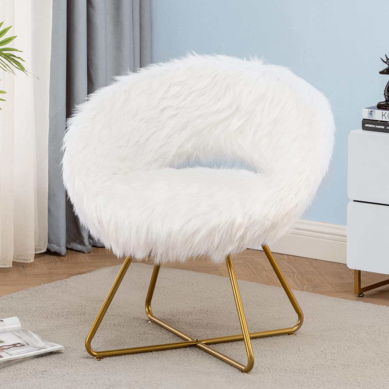 Andeworld White Faux Fur Swivel Accent Chair Modern Upholstered Living ...