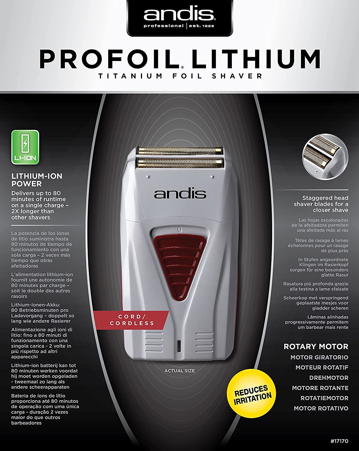 Andis 17150(TS-1) Pro Foil Lithium Titanium Foil Shaver - Electric ...