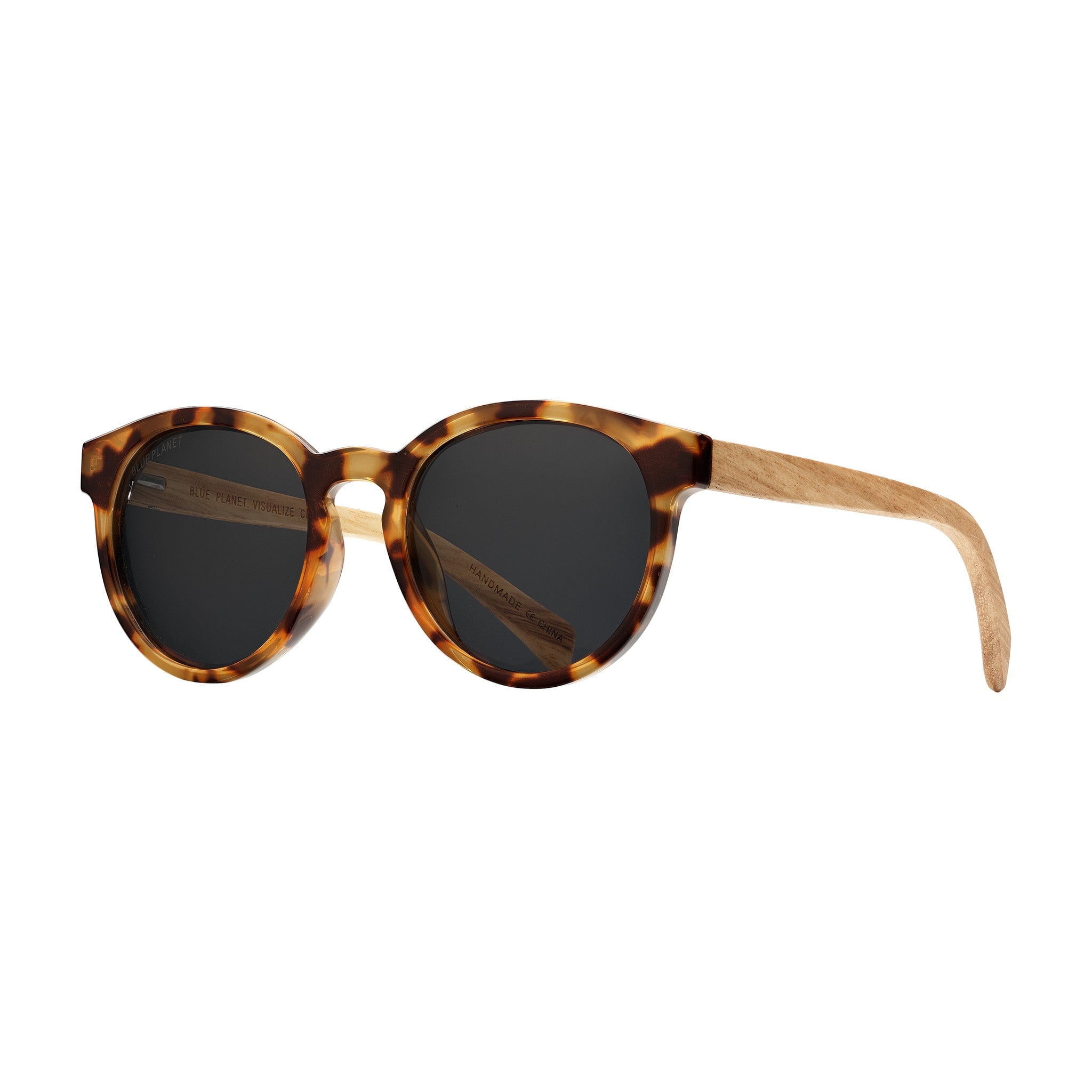 Andiz Honey Tortoise/Zebra Wood Round Polarized Sunglasses, Smoke Lens ...