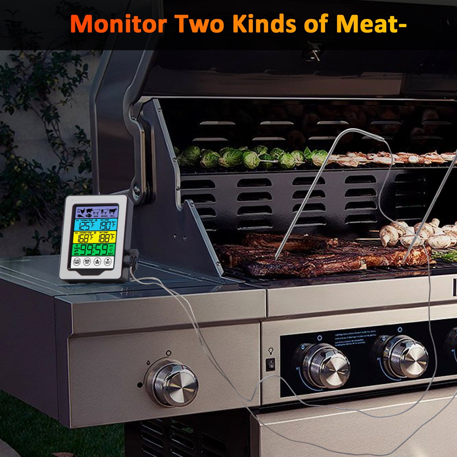 Andoer Meat Thermometer,Wit Kitchen Oven Thermometer Dual Temperature ProbeScreen Probe 7 Preset ...