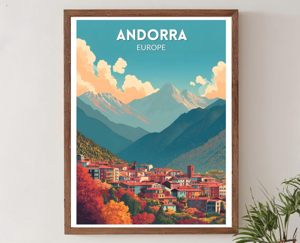 Andorra Modern Travel Scenic Pyrenees Mountains Clean Illustration ...