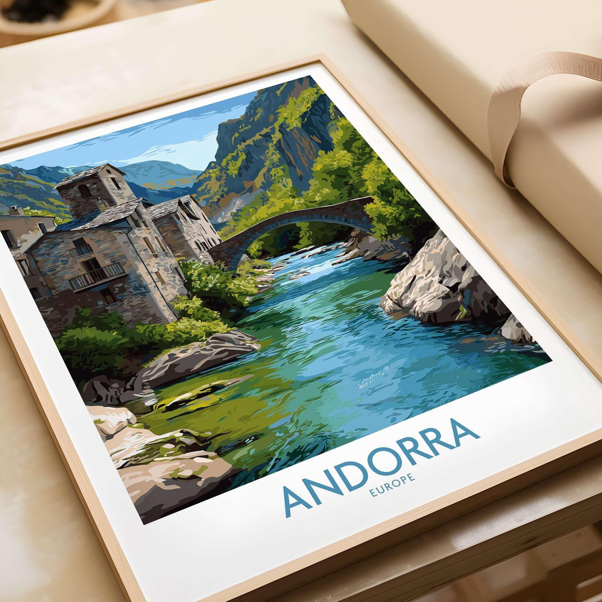 Andorra Old Town River Bridge Art Print Pyrenees Poster Scenic Mountain ...