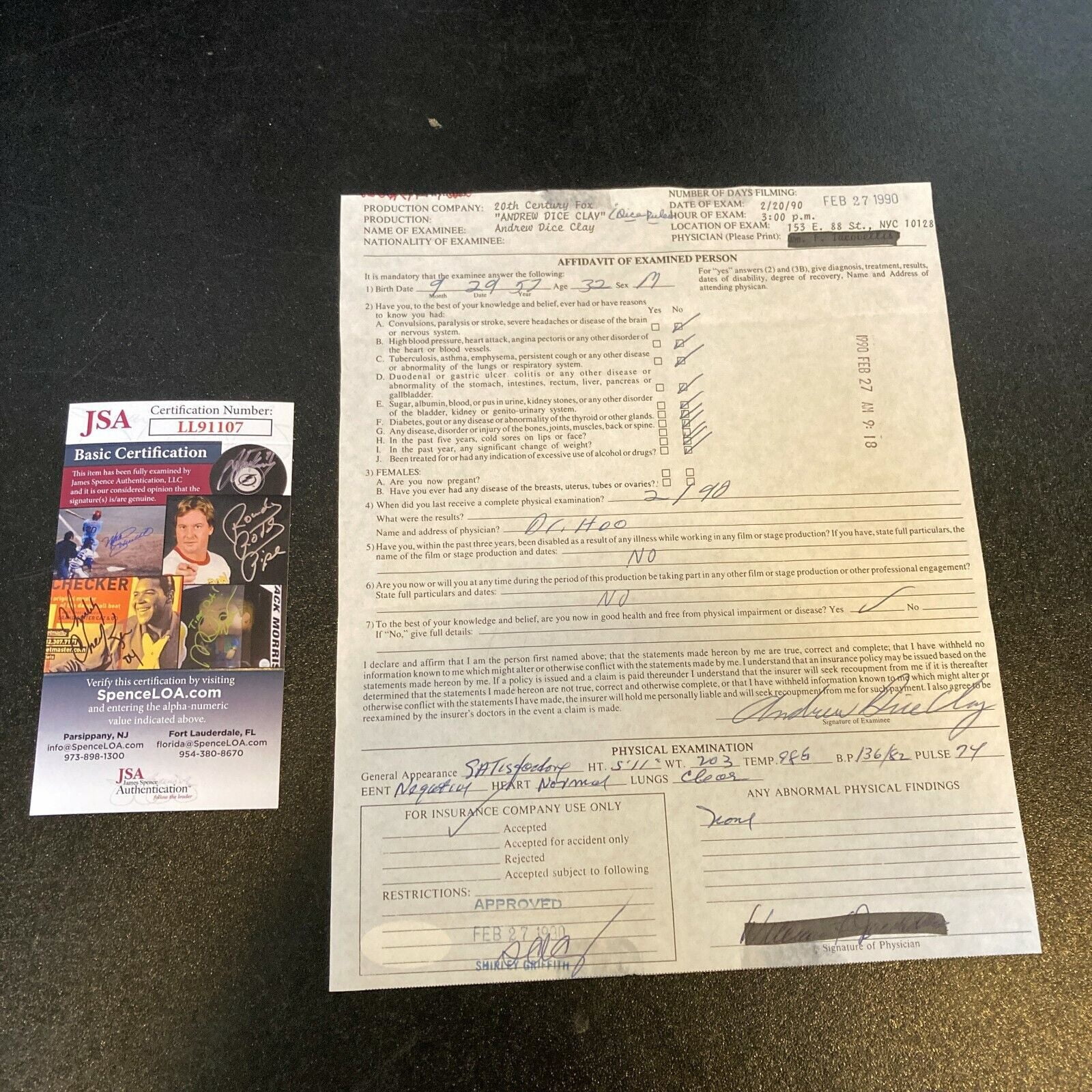 Andrew Dice Clay Signed Original 1990 Medical Exam Form 20th Century ...