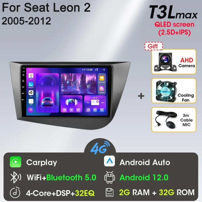 Android 12 2 Din Wireless Carplay Auto Car Radio for Seat Leon 2 MK2 2005-2012 Multimedia Player ...